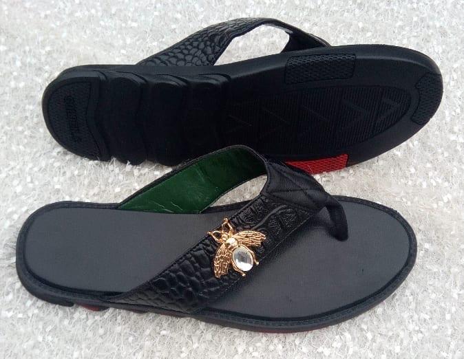 Black Pam Slippers with Gold Fly Accessory - The Shoe Arena ...